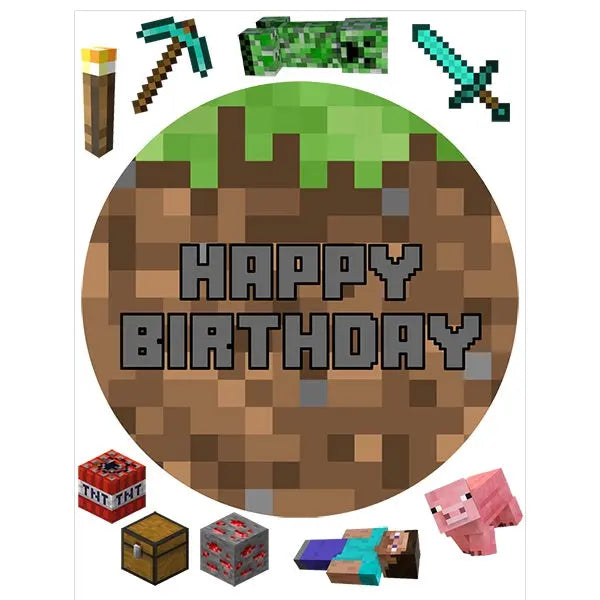 Minecraft Happy Birthday Edible Cake Image with FREE Edible Icons NZ ...